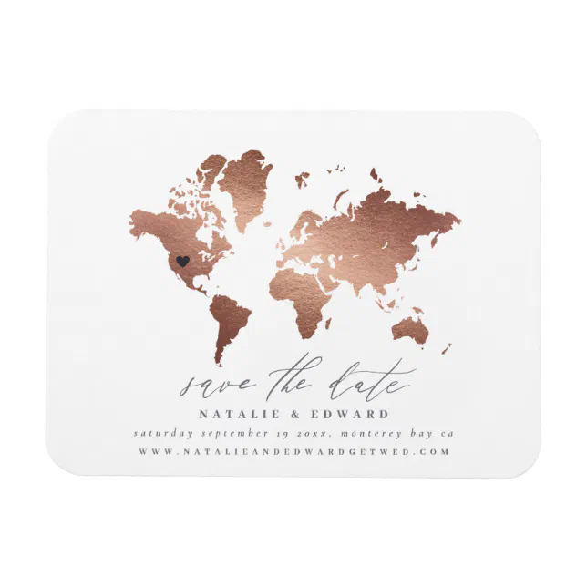 Metallic rose gold world map wedding announcement magnet | Zazzle