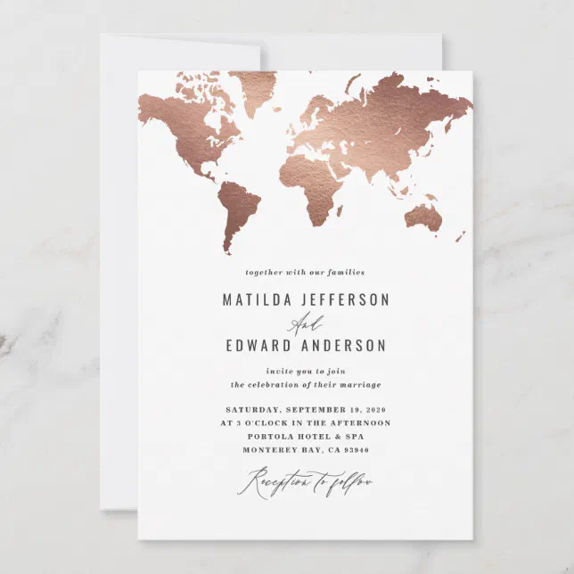 Metallic rose gold world map wedding travel | Zazzle
