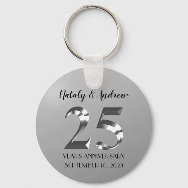 Metallic Silver 25th Wedding Anniversary Keychain | Zazzle
