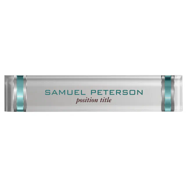 Metallic Silver Background And Blue Accents Desk Name Plate | Zazzle