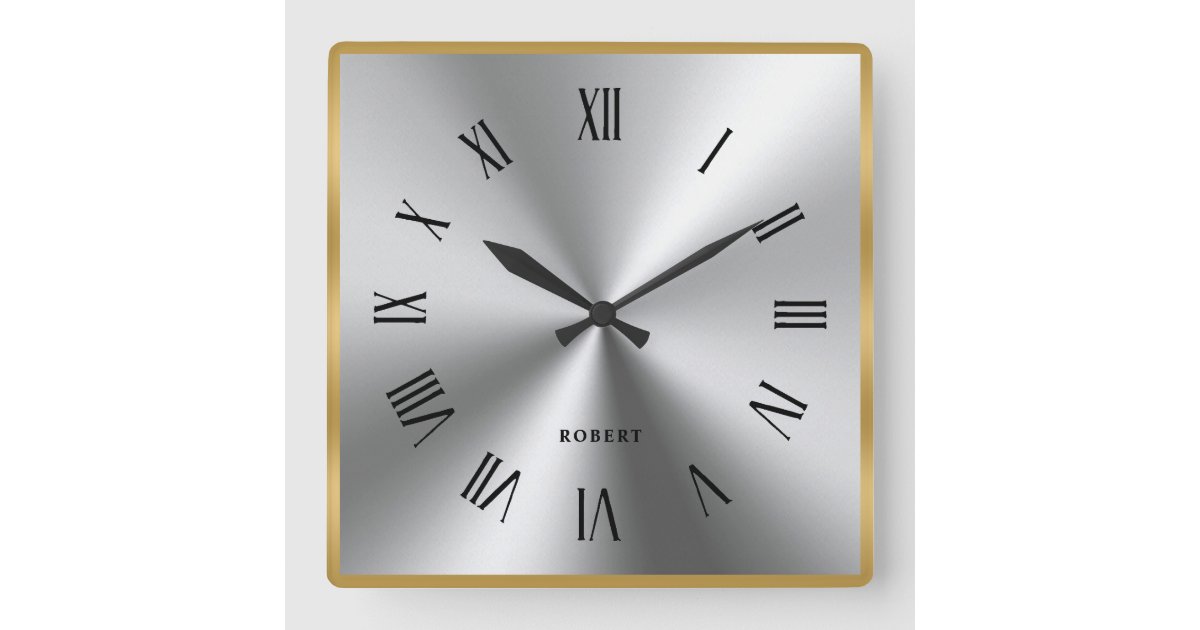 Metallic Silver Gray Gold Border Roman Numerals Square Wall Clock | Zazzle