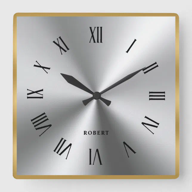 Metallic Silver Gray Gold Border Roman Numerals Square Wall Clock | Zazzle