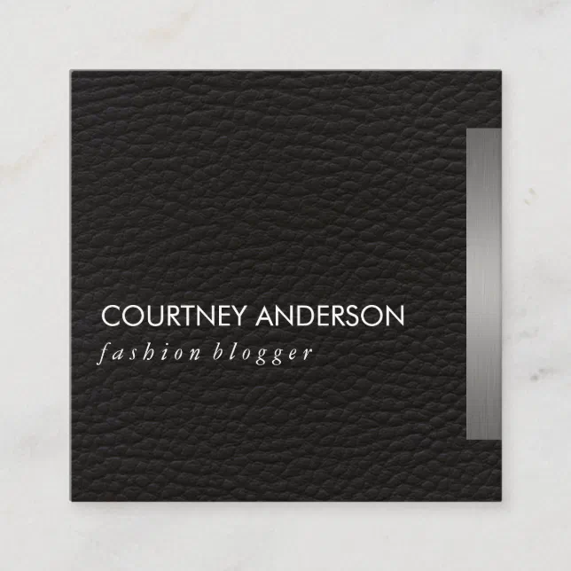 Metallic Silver Trim and Leather Square Business Card | Zazzle