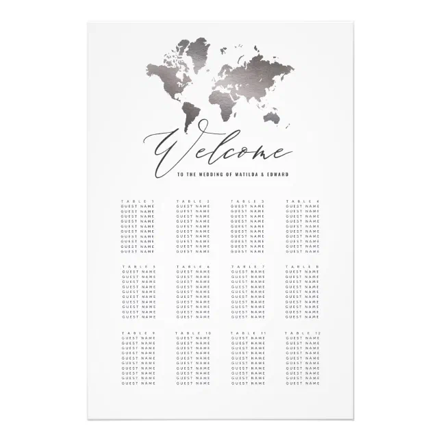 Metallic silver world map wedding seating plan photo print | Zazzle
