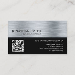 Metallic Stainless Steel Modern Black QR Code Business Card | Zazzle