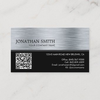 Metallic Stainless Steel Modern Black QR Code Business Card | Zazzle