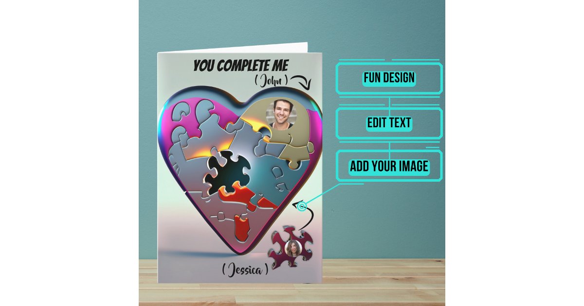 Metallic You Complete Me Puzzle Heart Birthday Card | Zazzle