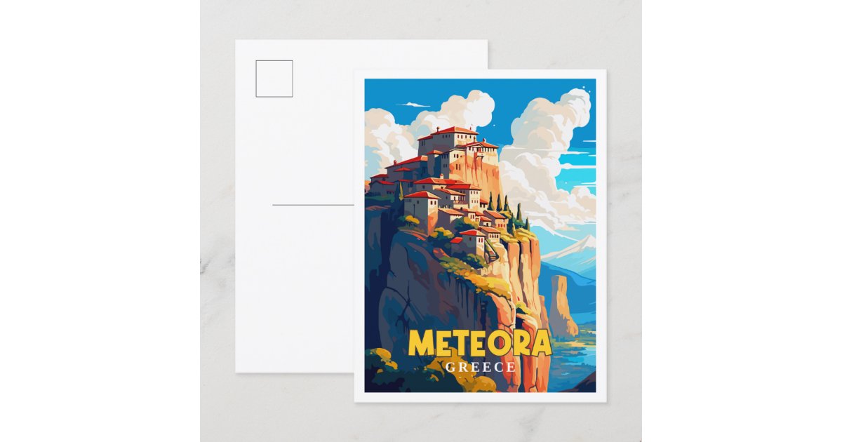 Meteora Greece vintage travel illustration Postcard | Zazzle