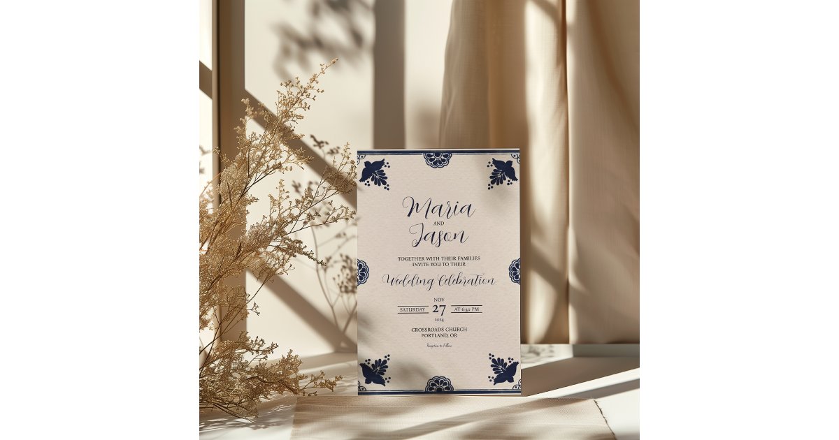 Mexican Blue Floral Otomi Simple Fiesta Wedding Invitation | Zazzle