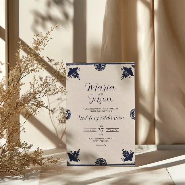 Mexican Blue Floral Otomi Simple Fiesta Wedding Invitation | Zazzle