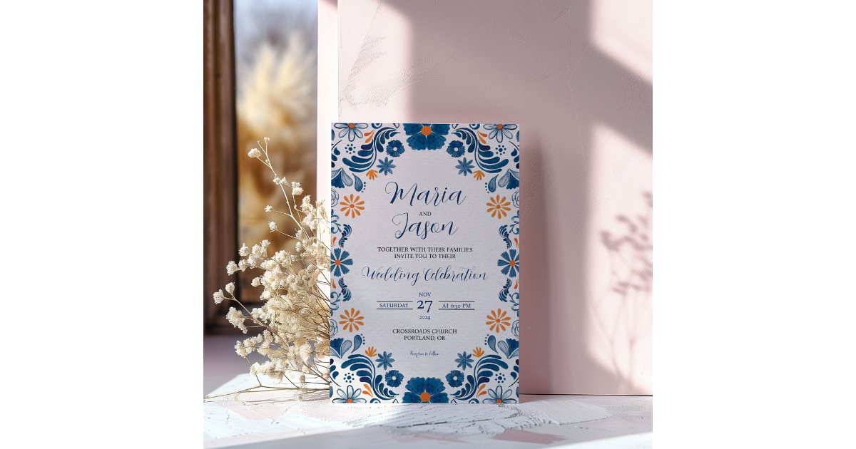 Mexican Blue Orange Floral Elegant Fiesta Wedding Invitation | Zazzle