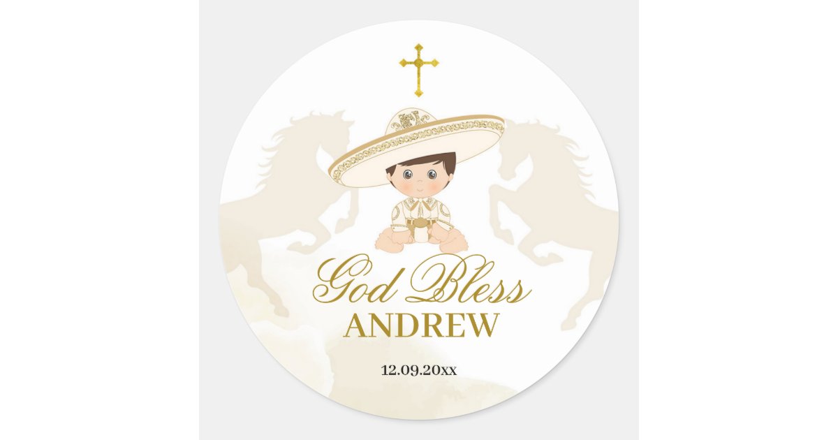 Mexican Boy Gold White Horse Charro Baptism Classic Round Sticker | Zazzle