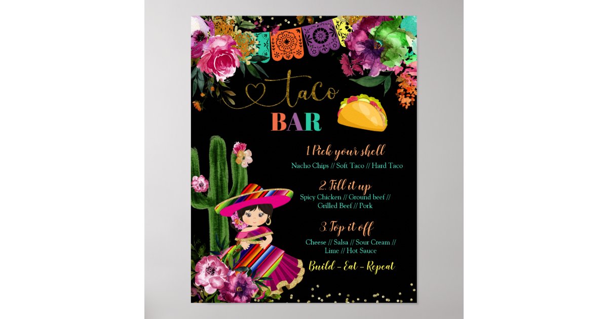 Mexican Colorful Fiesta Floral Birthday Taco Bar Poster | Zazzle