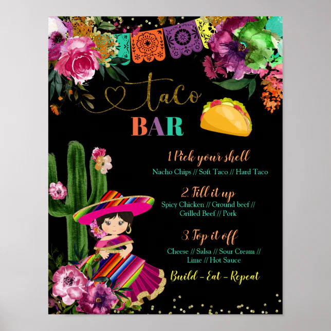 Mexican Colorful Fiesta Floral Birthday Taco Bar Poster | Zazzle