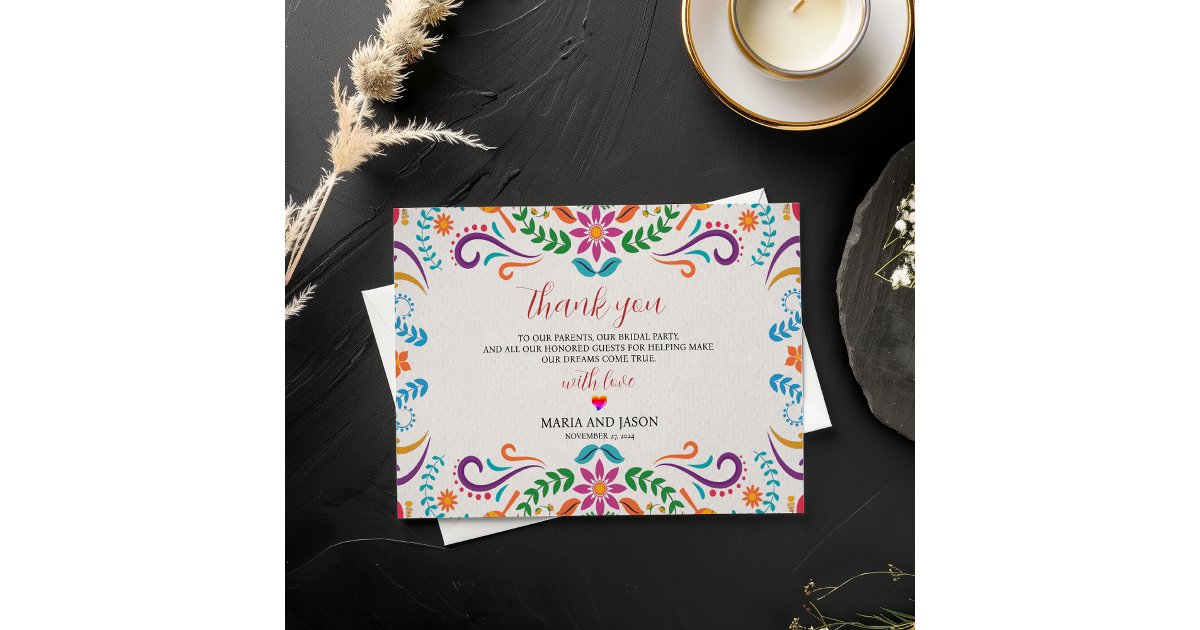 Mexican Elegant Colorful Floral Fiesta Wedding Thank You Card | Zazzle