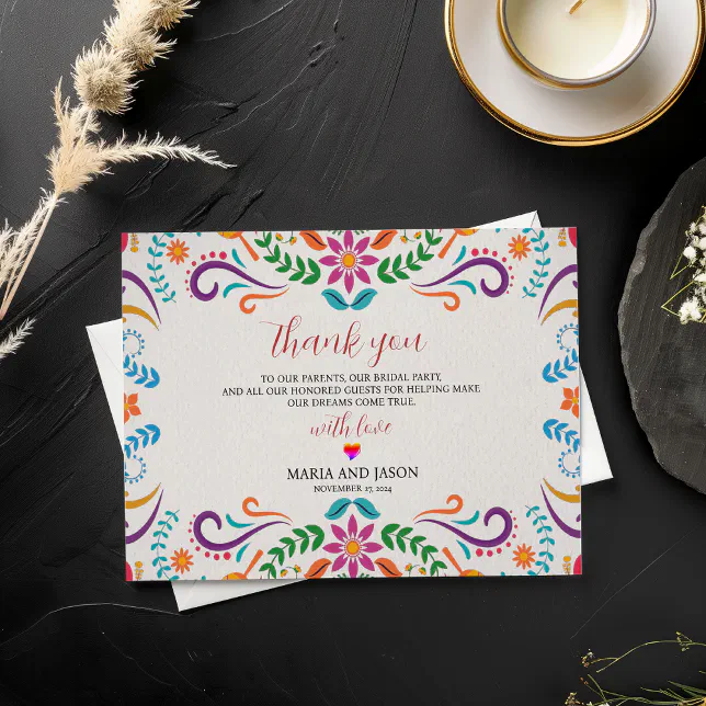 Mexican Elegant Colorful Floral Fiesta Wedding Thank You Card | Zazzle