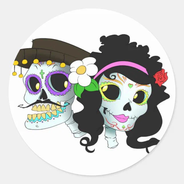 Mexican Festive Skull Couple Classic Round Sticker | Zazzle