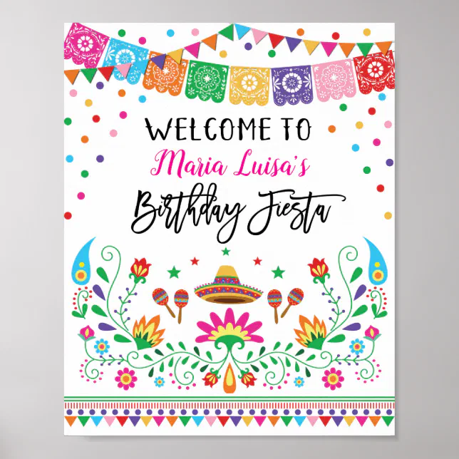 Mexican Fiesta Birthday Cactus Welcome Poster | Zazzle