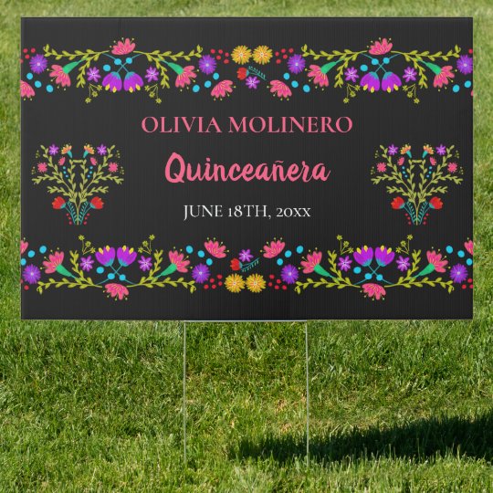 Mexican Fiesta Black Folk Flowers Custom Yard Sign | Zazzle.com