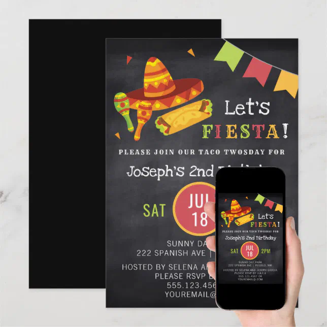 Mexican Fiesta Chalk Taco Twosday 2nd Birthday Invitation | Zazzle