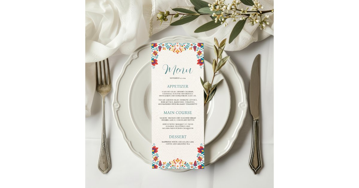 Mexican Fiesta Colorful Floral Wedding Menu | Zazzle