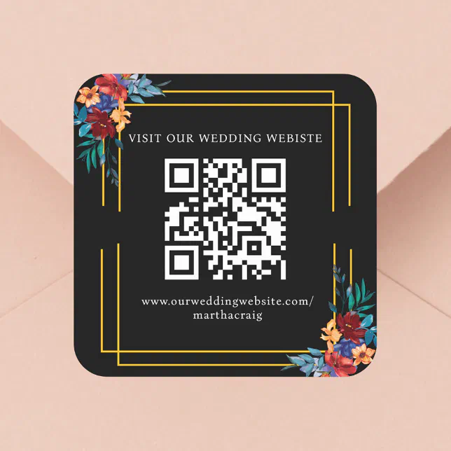 Mexican Fiesta Flower Wedding QR Code Black Square Sticker | Zazzle