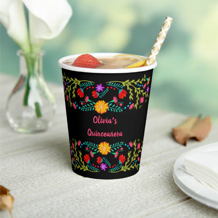 Mexican Fiesta Flowers Black Paper Cups | Zazzle