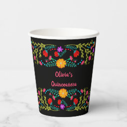 Mexican Fiesta Flowers Black Paper Cups | Zazzle