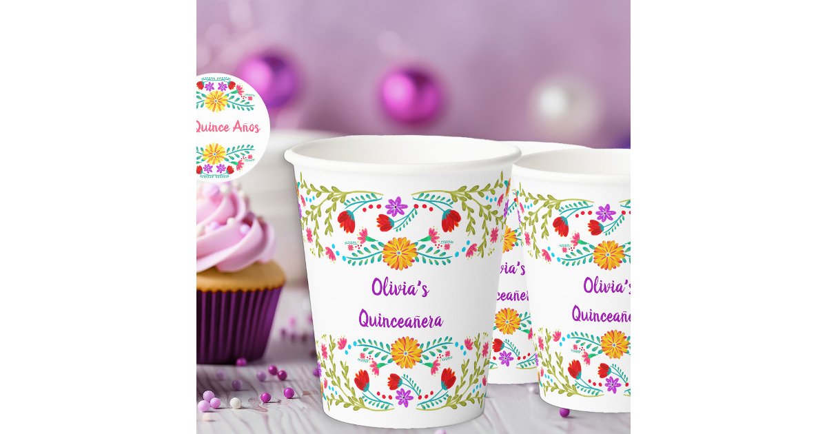 Mexican Fiesta Flowers White and Purple Paper Cups | Zazzle