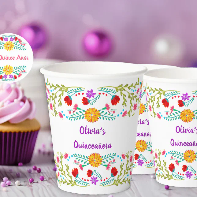Mexican Fiesta Flowers White and Purple Paper Cups | Zazzle