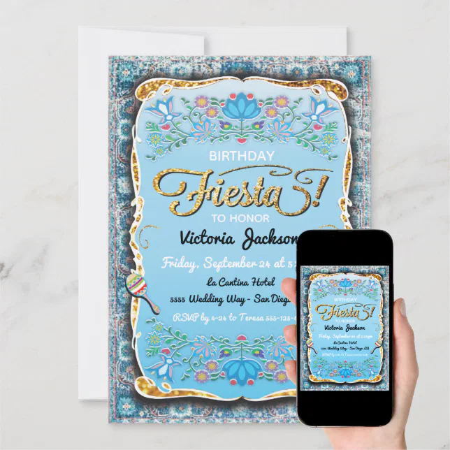 Mexican Fiesta Gold Glitter Birthday Invitation | Zazzle