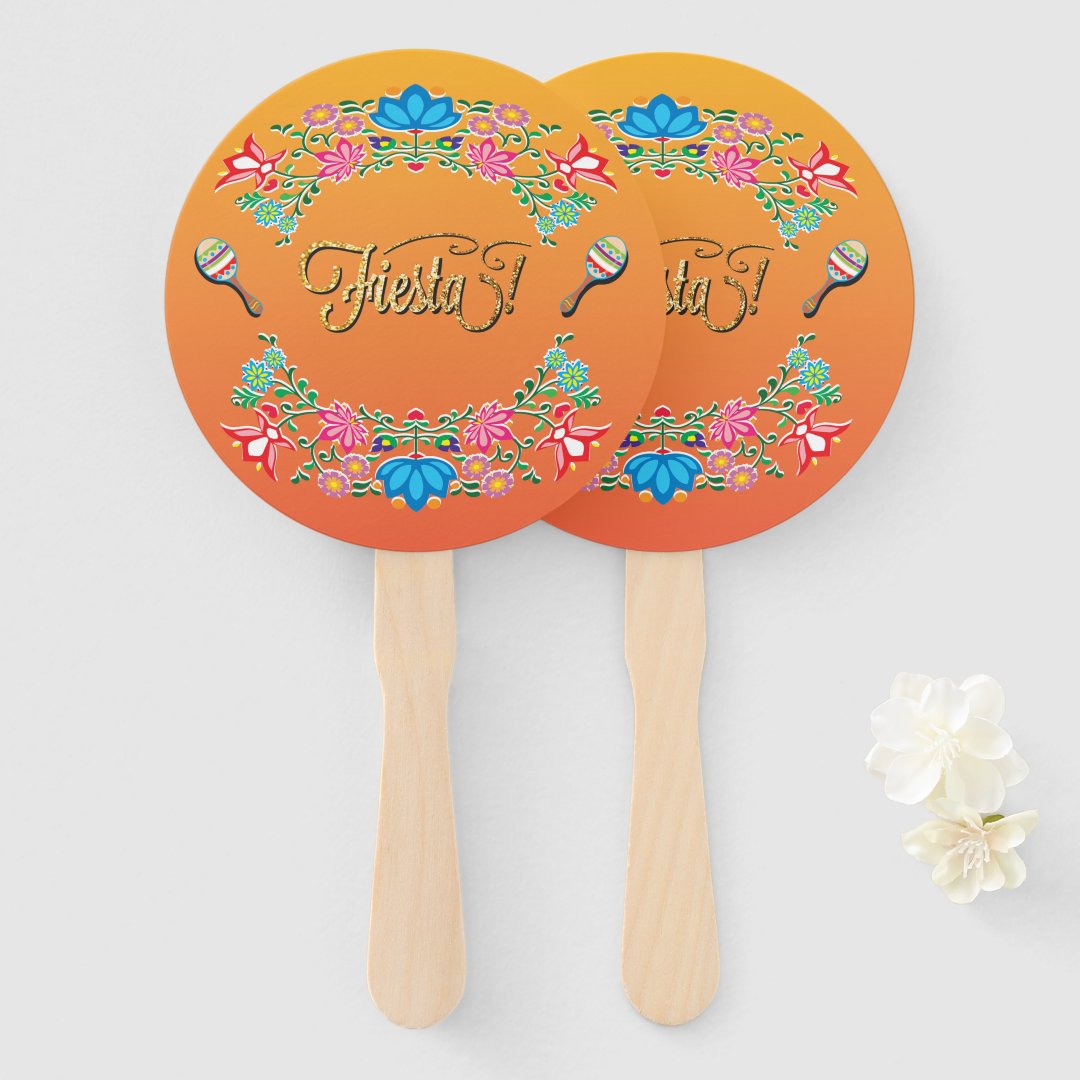Mexican Fiesta Gold Glitter Hand Fans | Zazzle