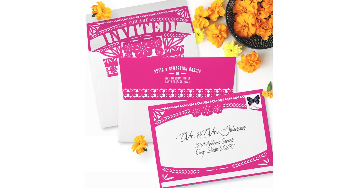 Mexican Fiesta Papel Picado Flag PINK Invitation Envelope | Zazzle