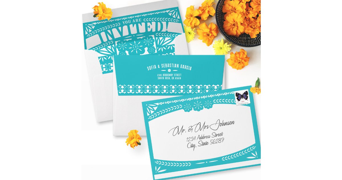 Mexican Fiesta Papel Picado Flag TEAL Invitation Envelope | Zazzle