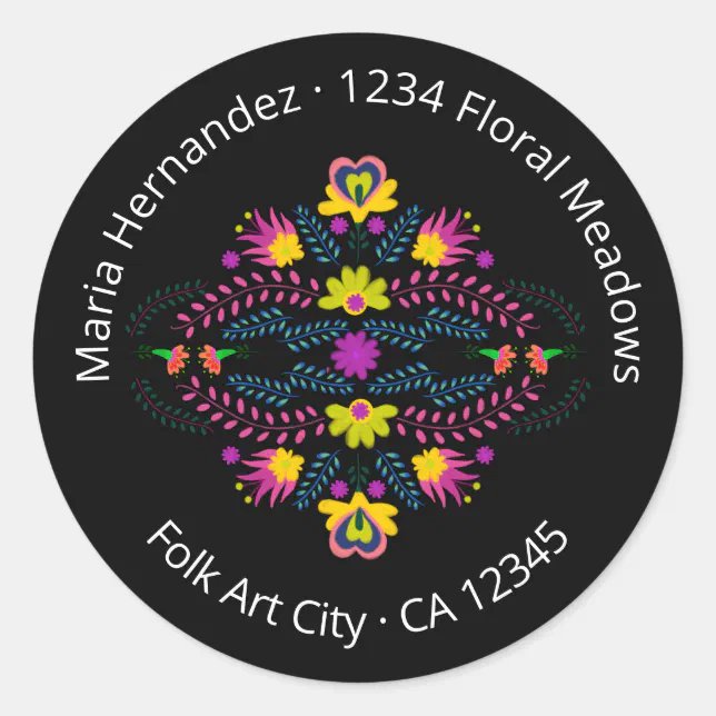 Mexican Fiesta Party Flowers Black Address Classic Round Sticker | Zazzle
