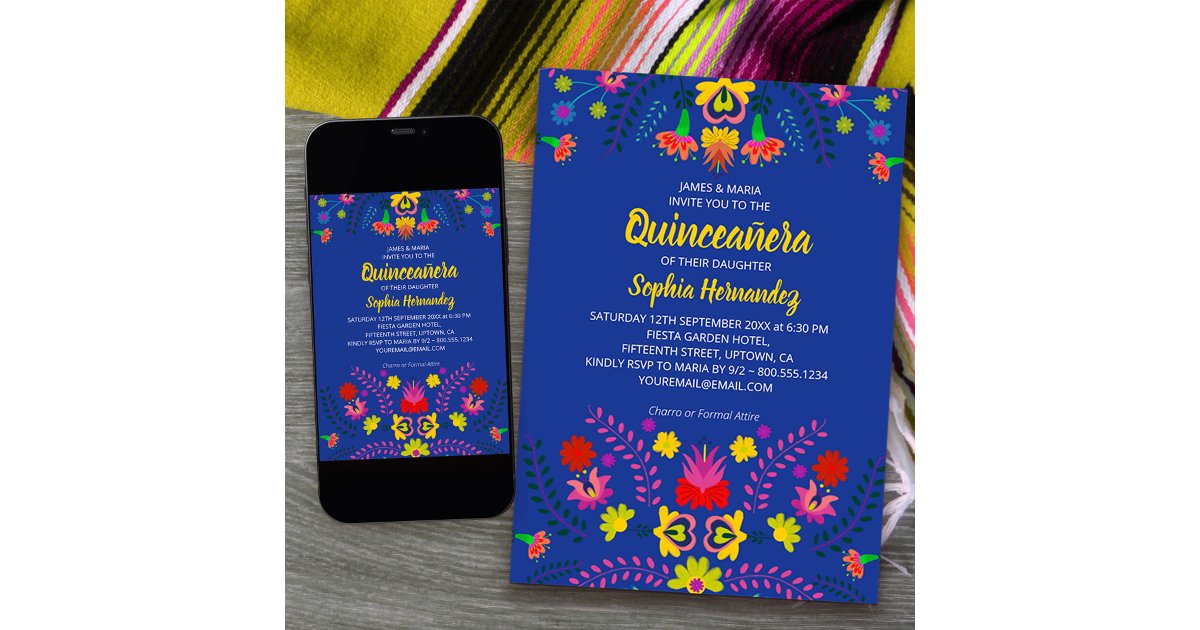 Mexican Fiesta Party Flowers Blue Quinceanera Invitation | Zazzle