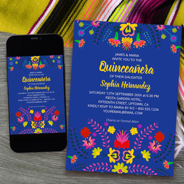 Mexican Fiesta Party Flowers Blue Quinceanera Invitation | Zazzle