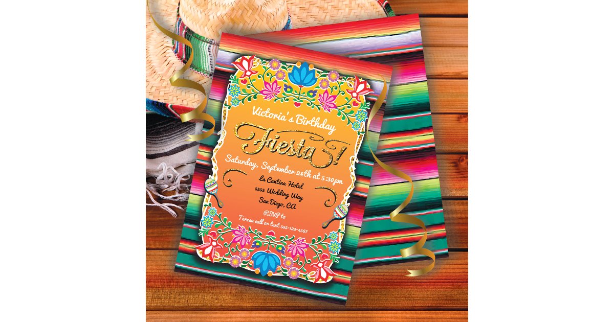 Mexican Fiesta Party Gold Glitter Invitation | Zazzle