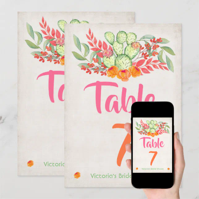 Mexican Fiesta Table number Watercolor Cactus | Zazzle