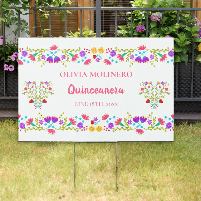 Mexican Fiesta White Folk Flowers Custom Yard Sign | Zazzle