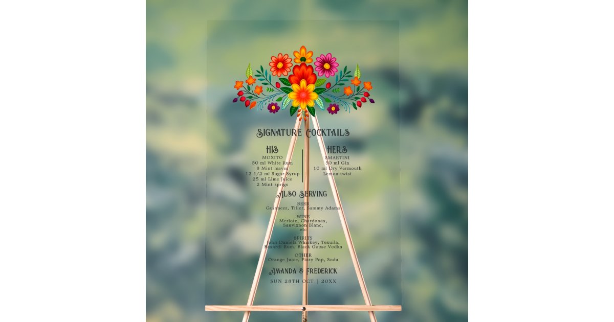 Mexican Folk Art Floral Signature Cocktails Menu Acrylic Sign | Zazzle