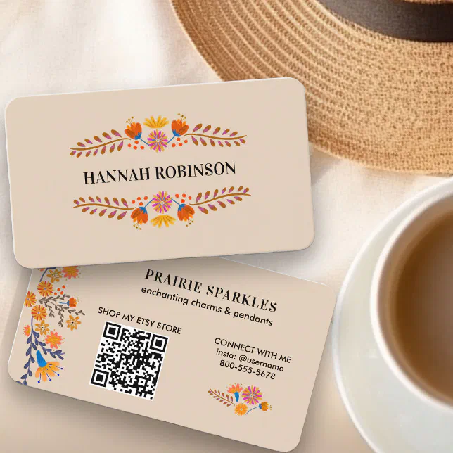 Mexican Folk Flowers Earthy QR Code Business Card | Zazzle
