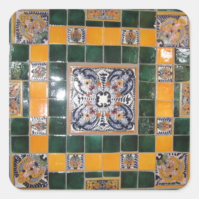 Mexican Green Talavera Style Tile work Square Sticker | Zazzle
