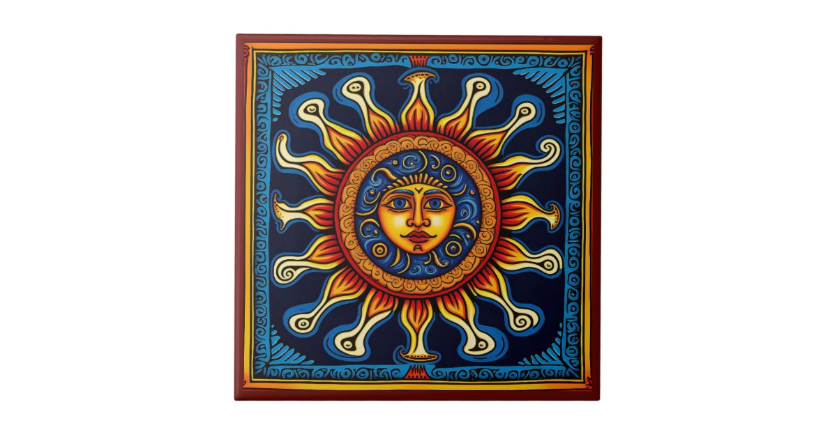 Mexican Huichol style sun ceramic tile | Zazzle