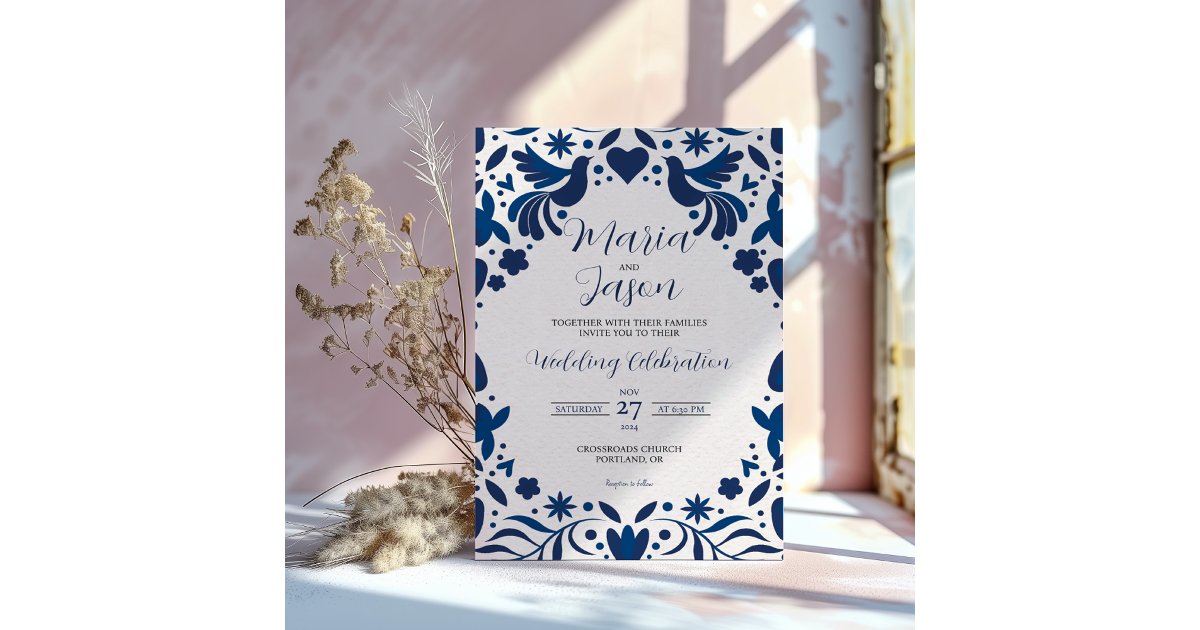 Mexican Otomi Blue Floral Elegant Fiesta Wedding Invitation | Zazzle