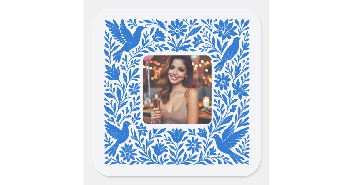 Mexican Otomí Floral Border with Photo Square Sticker | Zazzle