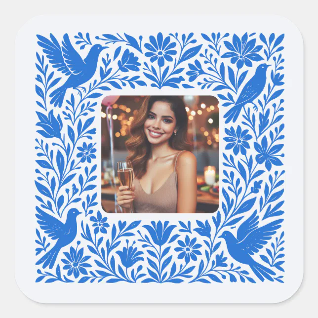 Mexican Otomí Floral Border with Photo Square Sticker | Zazzle