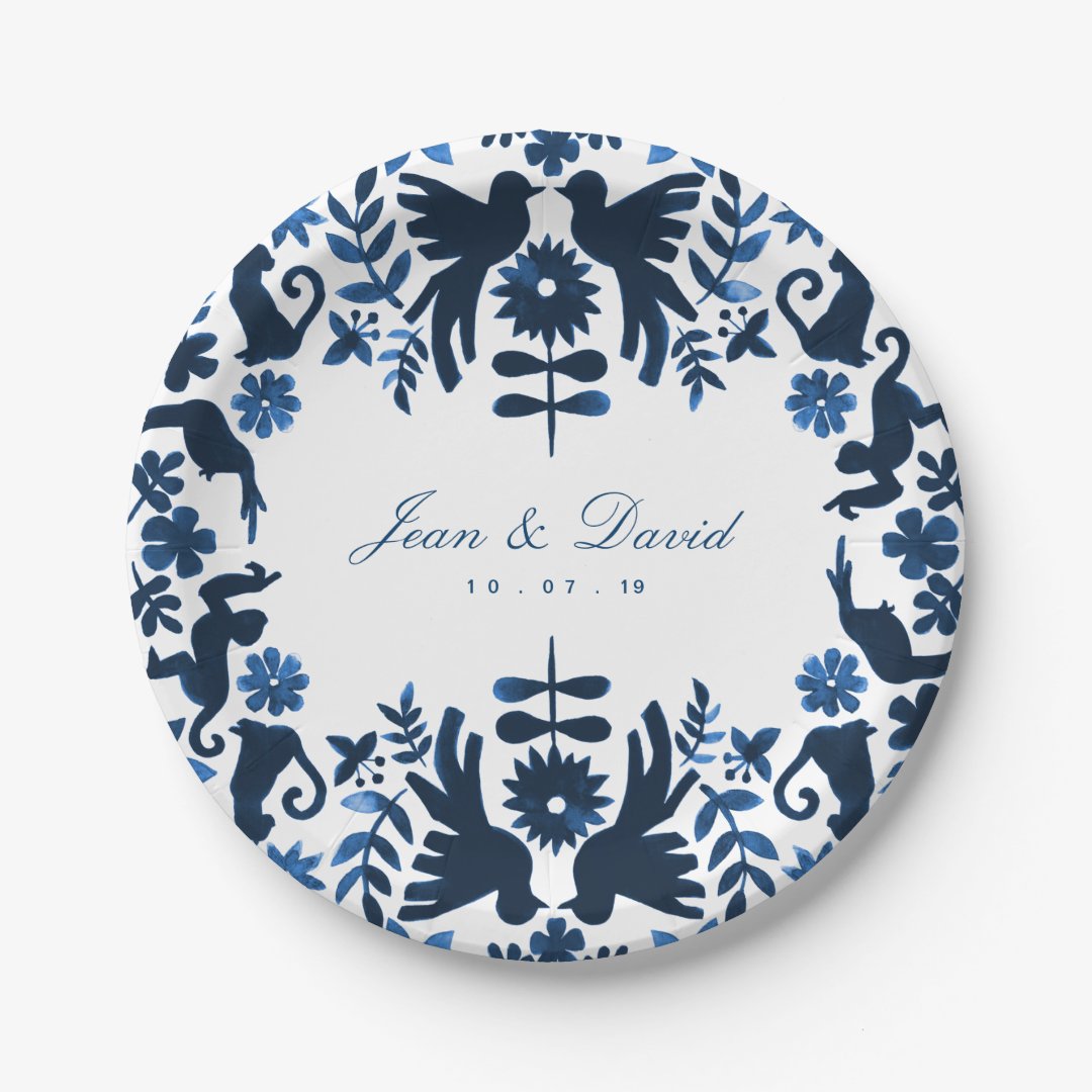 Mexican Otomi Themed Wedding Cake Plates - Navy | Zazzle