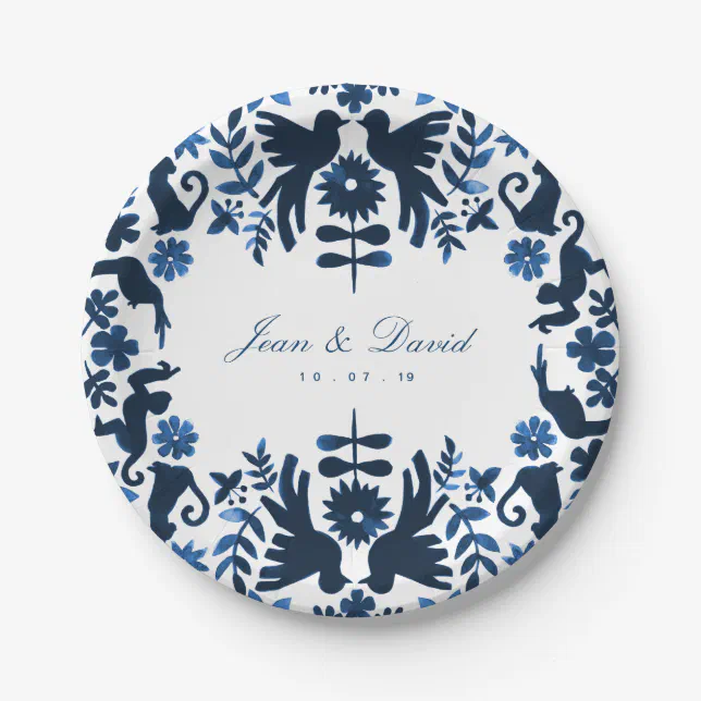Mexican Otomi Themed Wedding Cake Plates - Navy | Zazzle