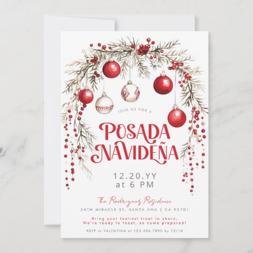Mexican Posada Navideña Festive Red Ornaments Invitation | Zazzle
